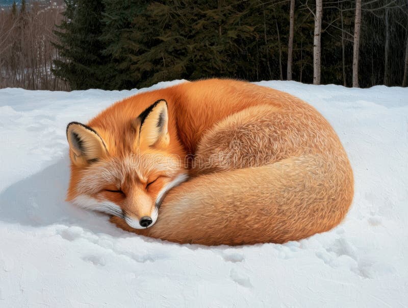 Red Fox Curled Up Sleeping in the Snow Stock Illustration ...