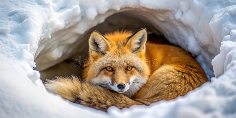 Red Fox Curled Up in a Snowy Den Stock Illustration - Illustration of ...