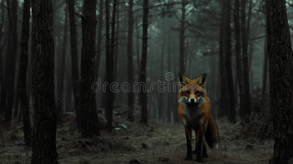 Red Fox in a Dark Foggy Forest Stock Illustration - Illustration of ...