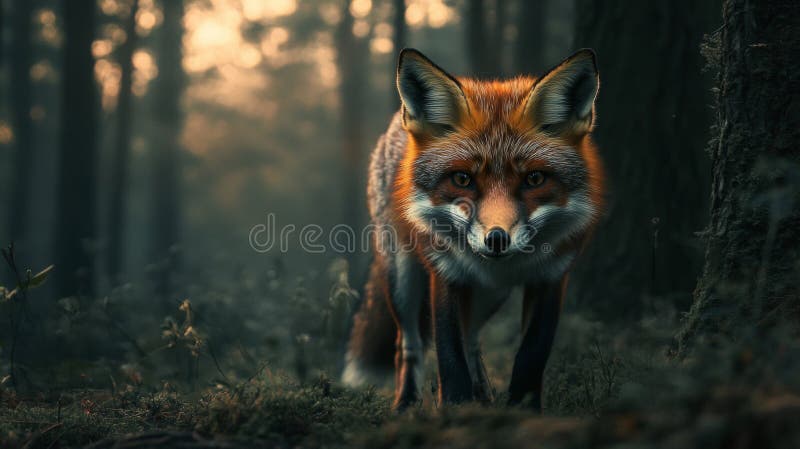 Red Fox in Dark Forest at Dawn Stock Illustration - Illustration of ...