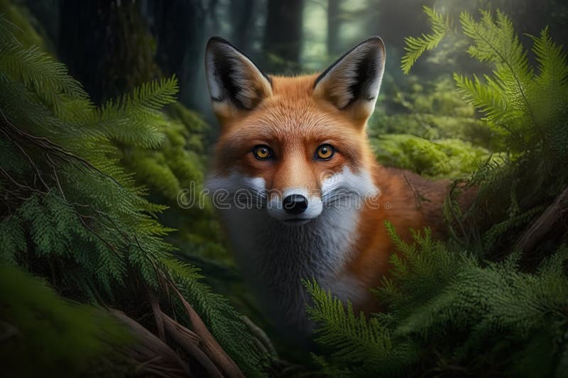 Red Fox in the Dark Forest with Ferns, 3d Render Stock Illustration ...