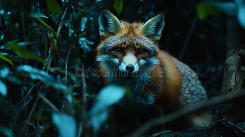 Red Fox in Dark Forest at Night Stock Illustration - Illustration of ...