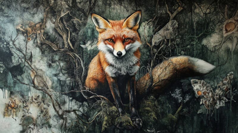 Red Fox in Dark Forest Painting Stock Illustration - Illustration of ...