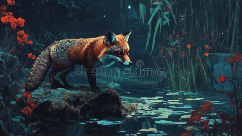 Red Fox by a Dark Forest Pond at Night Stock Illustration ...