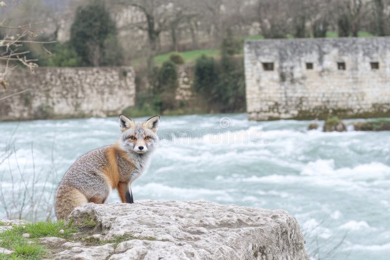 A Red Fox is Depicted Standing Prominently on Rocks Above the Water ...