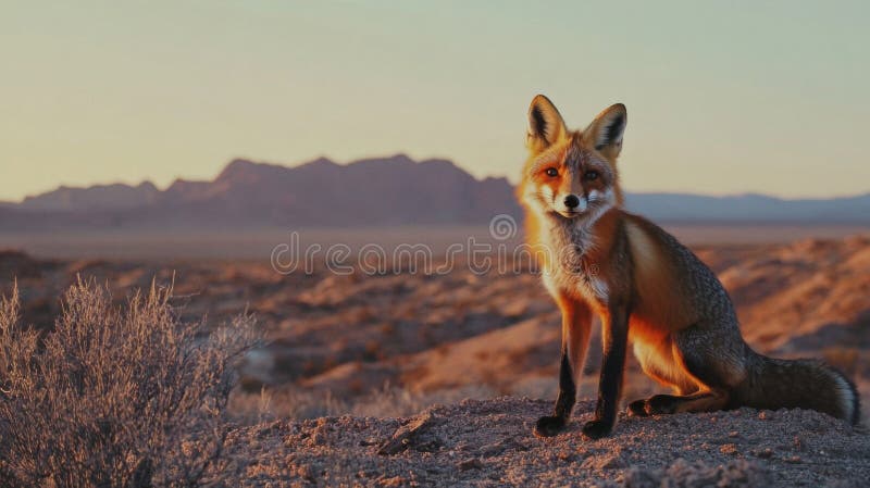 Red Fox in Desert Sunset Landscape Stock Illustration - Illustration of ...