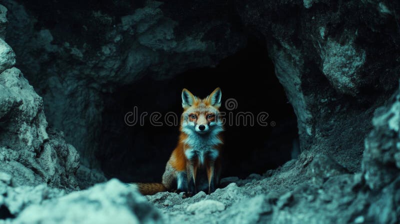 Red Fox Emerging from Dark Cave Entrance Stock Illustration ...