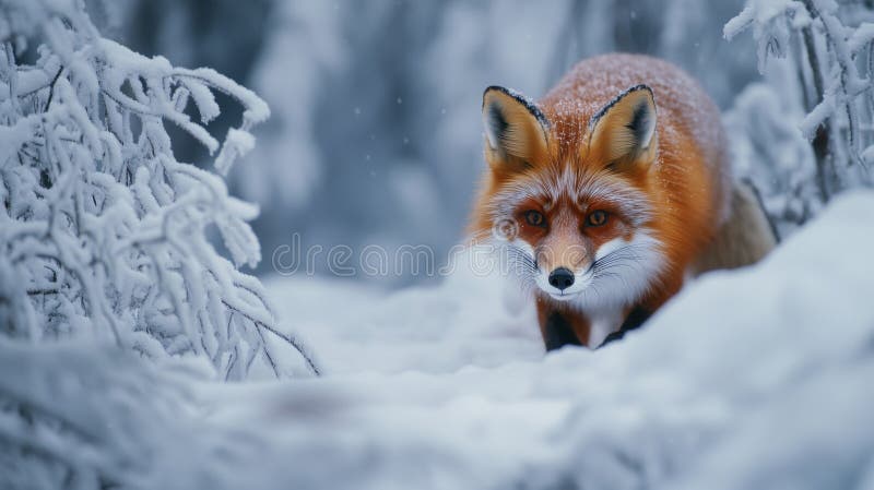 Red Fox Emerging from Snowy Bush in Winter Forest Stock Illustration ...