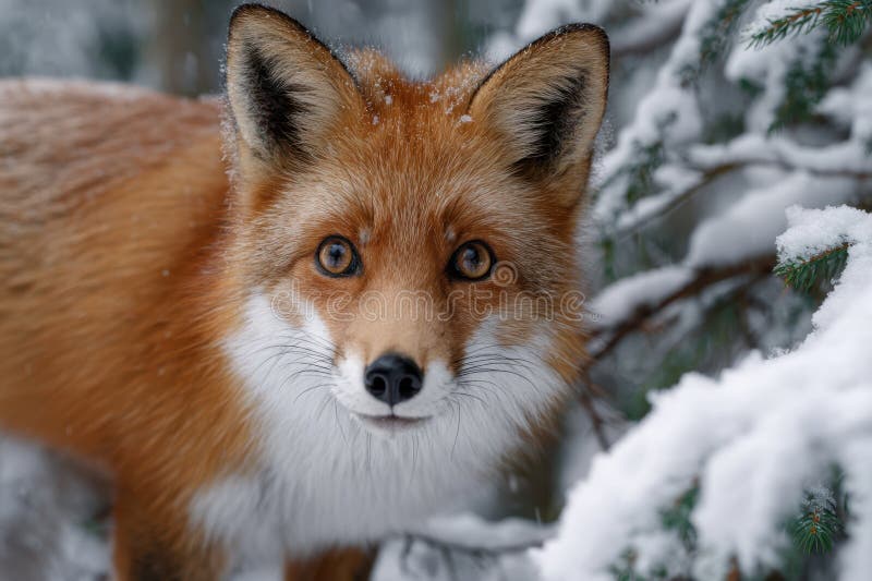 Red Fox Encounters Soft Snow in a Winter Forest Setting during Daylight ...