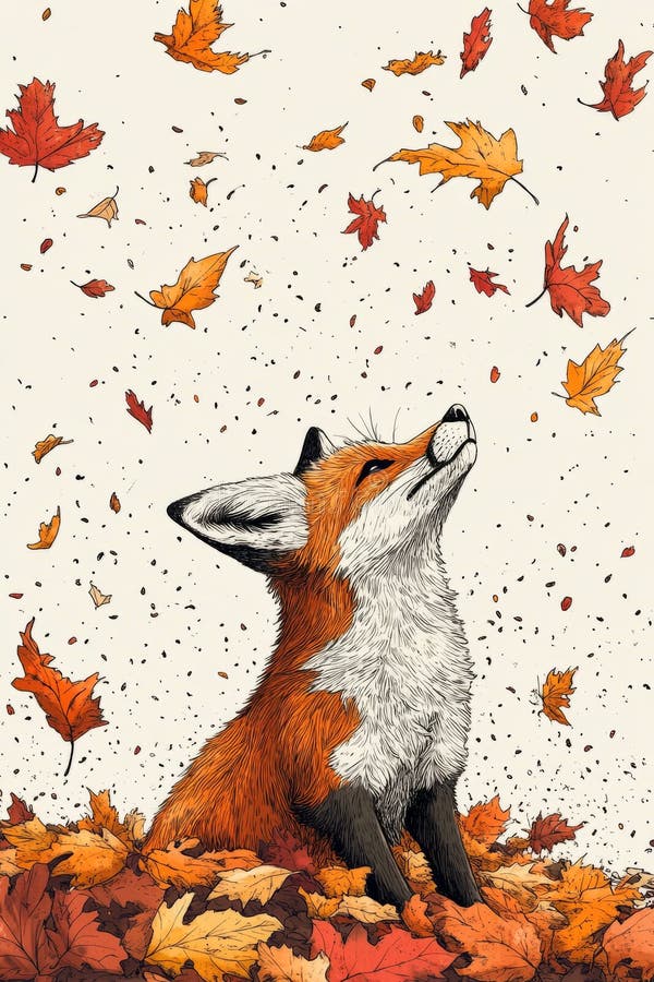 Red Fox Enjoying Autumn Leaves Falling Down Around it Stock Image ...