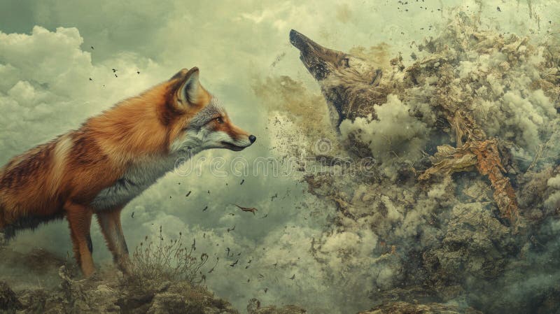Red Fox Facing Dust Explosion in Dramatic Landscape Stock Illustration ...