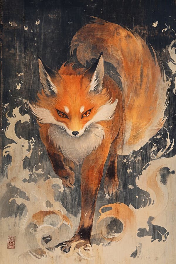 A Red Fox with a Fluffy Tail and Piercing Eyes Walks on a Swirling ...