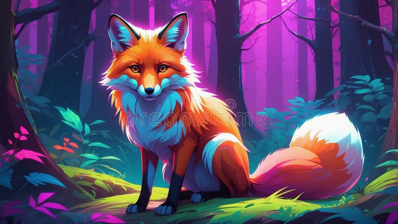 Synthwave Red Fox with Fluffy Tail Sits in Vibrant Forest Filled with ...