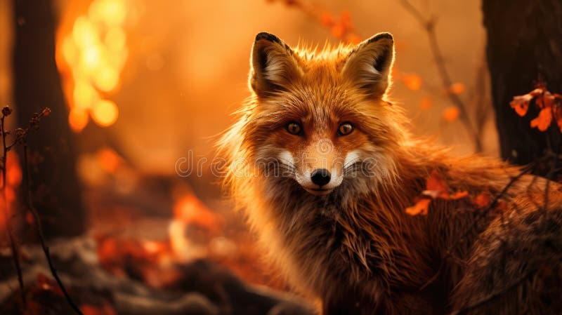 Red Fox in Front of a Controlled Burn Forest Fire at Sunset in Autumn ...
