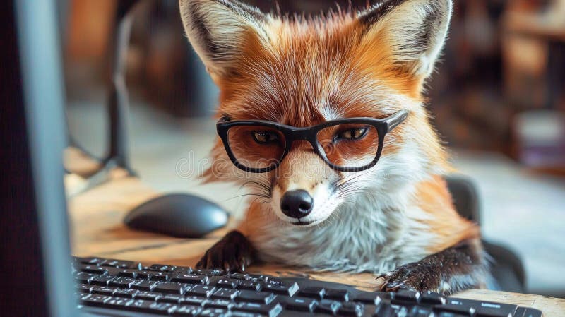 Red Fox in Glasses Sitting at the Computer Stock Image - Image of ...