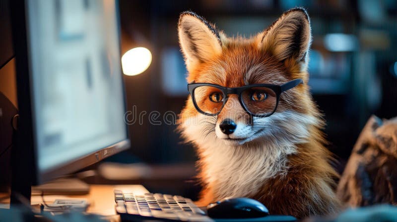 Red Fox in Glasses Sitting at the Computer Stock Photo - Image of humor ...