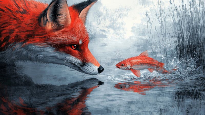 Red Fox and Goldfish Reflection in Winter Stream Stock Illustration ...