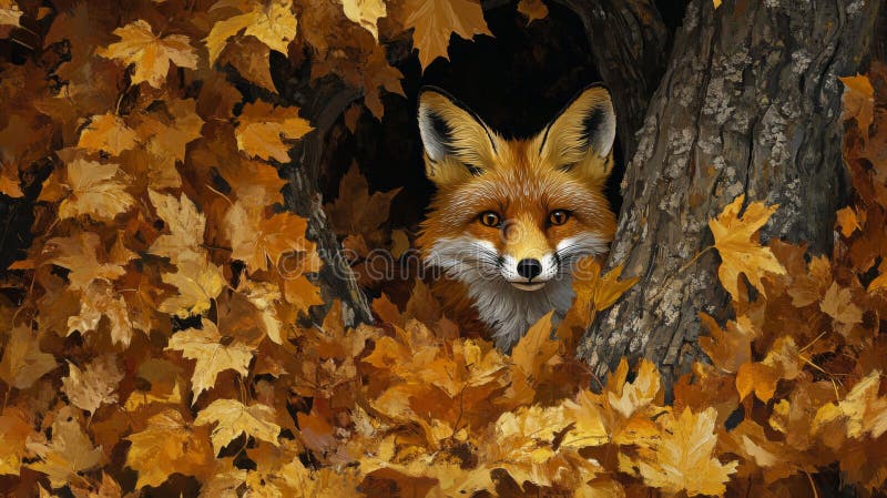Red Fox Hidden among Autumn Leaves in a Tree Stock Illustration ...