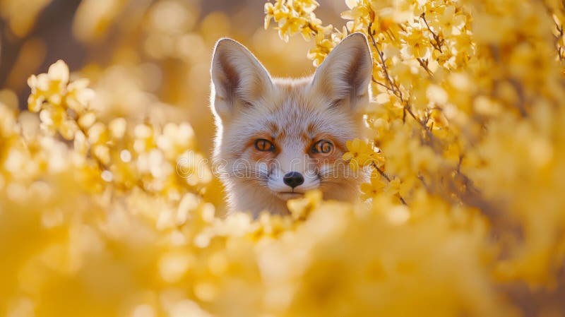 Red Fox Hidden among Golden Yellow Flowers Stock Illustration ...