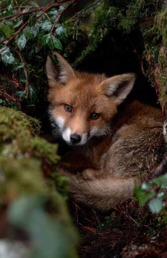 Red Fox Hiding in Its Den in the Woods Stock Photo - Image of brown ...