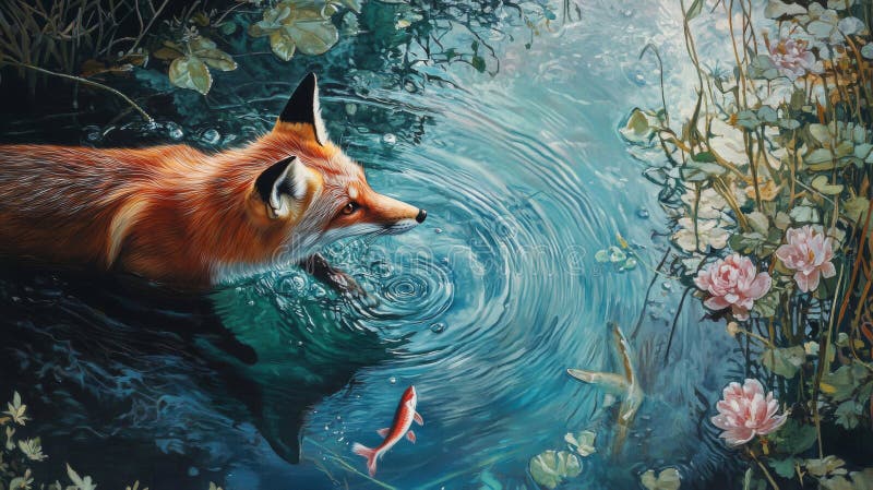 Red Fox Hunting Fish in a Tranquil Pond Stock Illustration ...