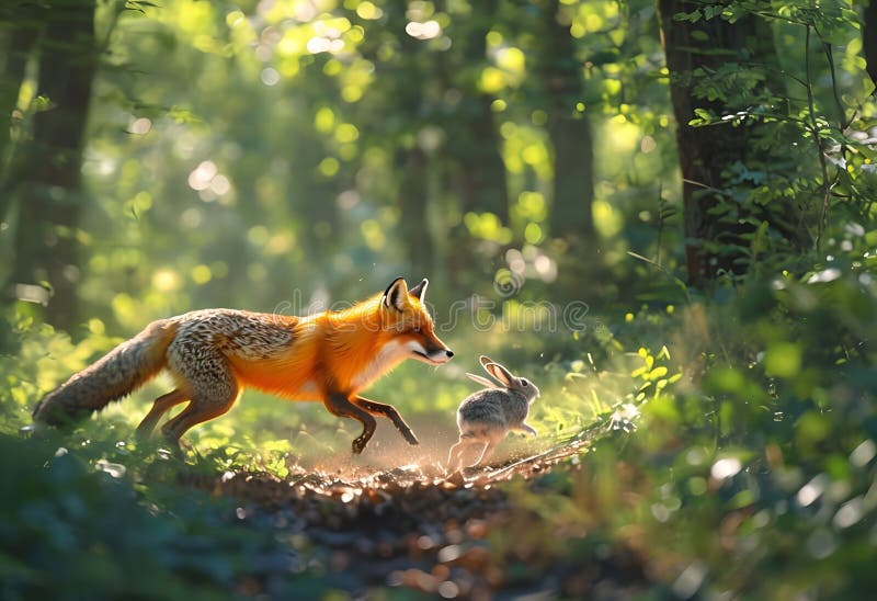 A Red Fox Hunts a Gray Hare in the Forest Stock Illustration ...