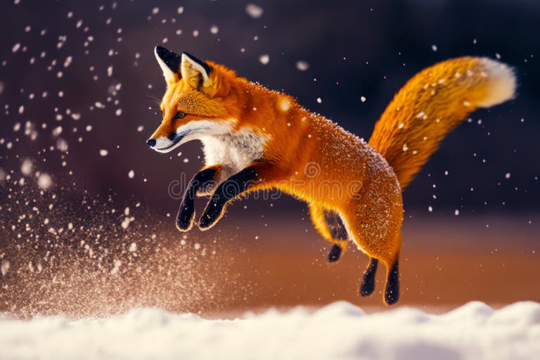 Red Fox Jumping in the Air with Snow on the Ground in Front of it ...