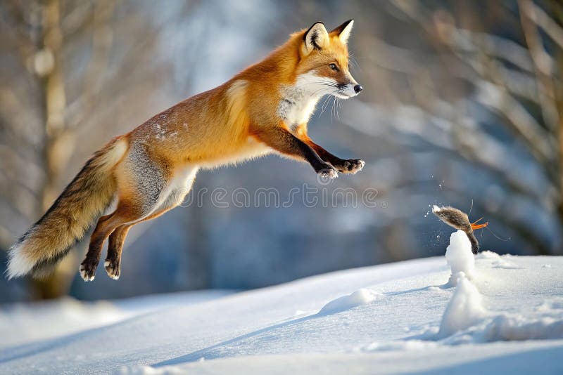 Red Fox Jumping for Prey in Snowy Winter Forest Stock Illustration ...