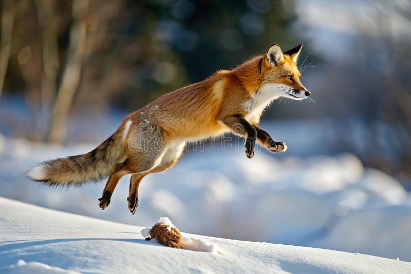 Red Fox Jumping in Snowy Forest Stock Illustration - Illustration of ...