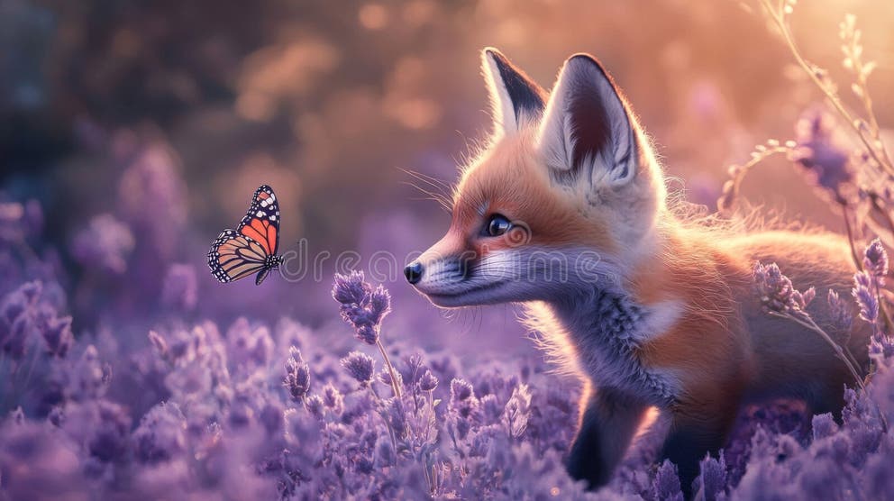 Red Fox Kit and Butterfly in Lavender Field at Sunset Stock ...