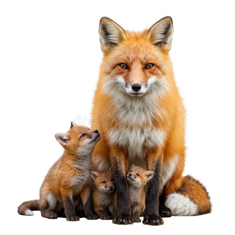 Red Fox and Kits Family Portrait on White Background Stock Illustration ...
