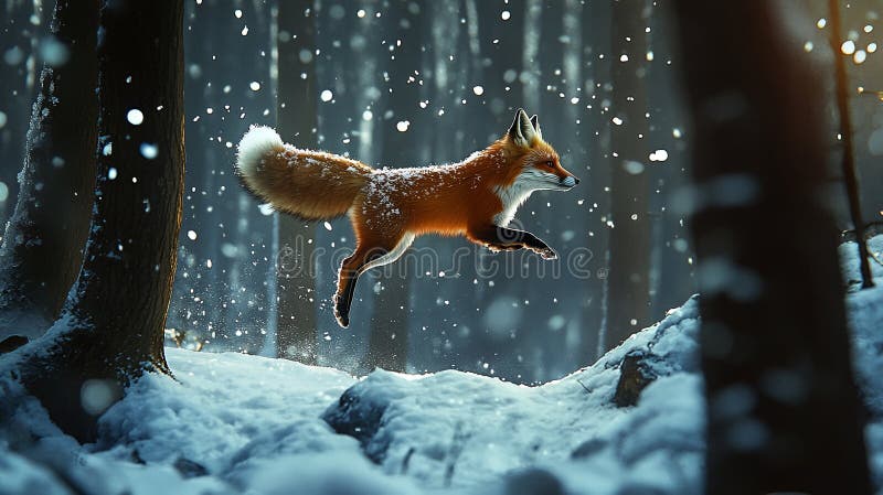 Red Fox Leaping through Fresh Snow in a Dense Forest Digital Stock ...