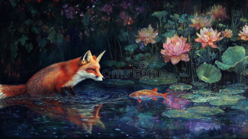 Red Fox by a Lotus Pond at Night Stock Illustration - Illustration of ...