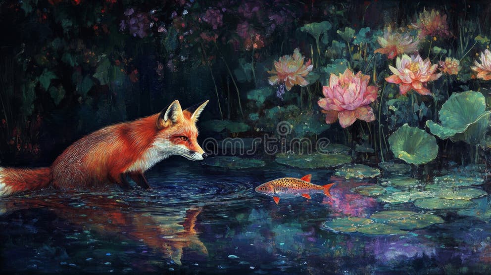 Red Fox by a Lotus Pond at Night Stock Illustration - Illustration of ...