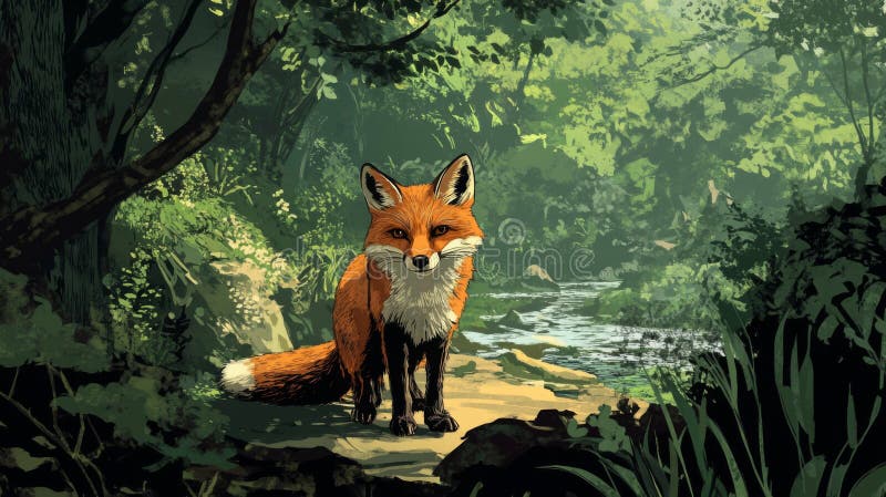 Red Fox in a Lush Green Forest by a Stream Stock Illustration ...
