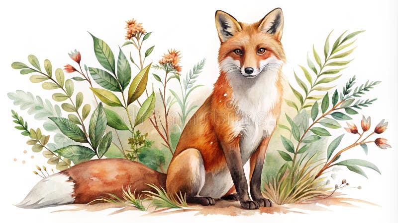 Red Fox Painted in Watercolor Style with Botanical Elements AI-Created ...