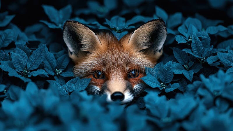 Red Fox Peeking from Behind Teal Leaves Stock Illustration ...