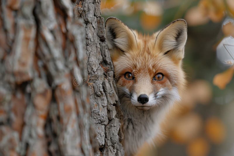 Red Fox Peeking from Behind a Tree in Autumn Stock Photo - Image of ...