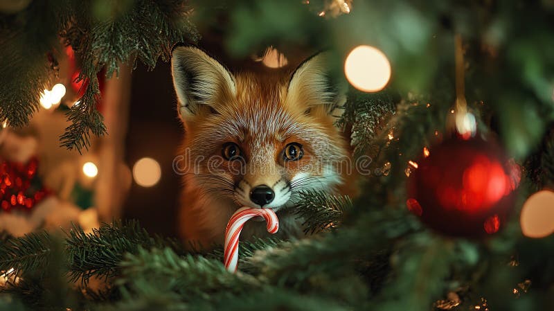 Red Fox Peeking from Christmas Tree with Candy Cane Stock Illustration ...