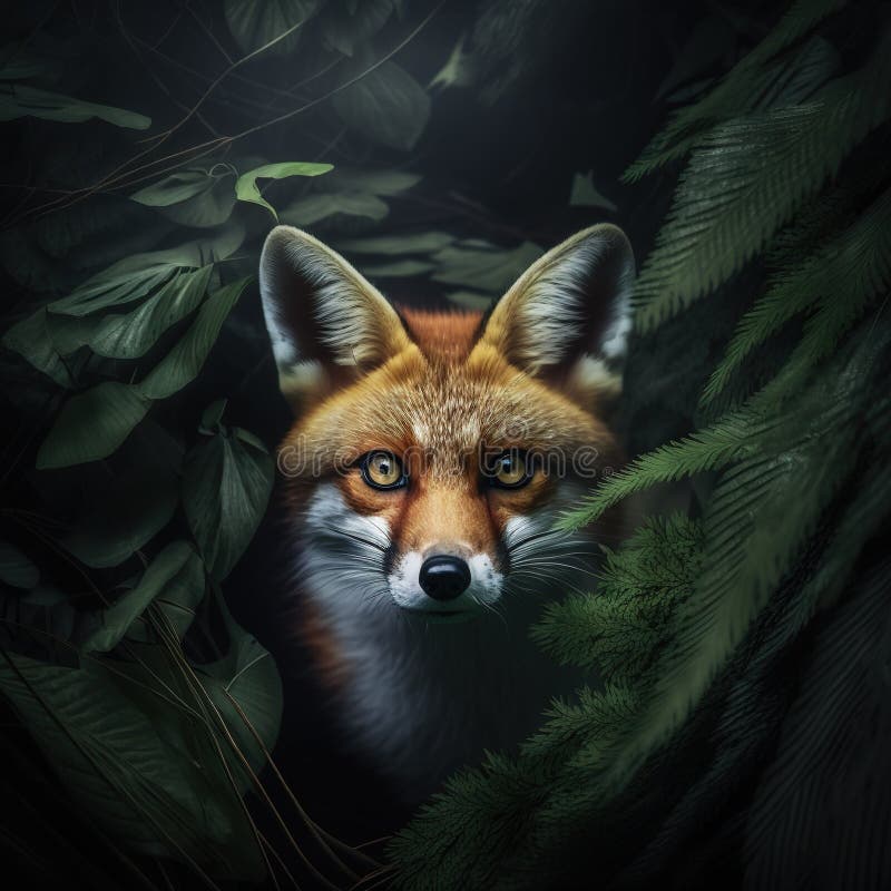 A Red Fox is Peeking Out from Behind Some Green Leaves. Stock ...