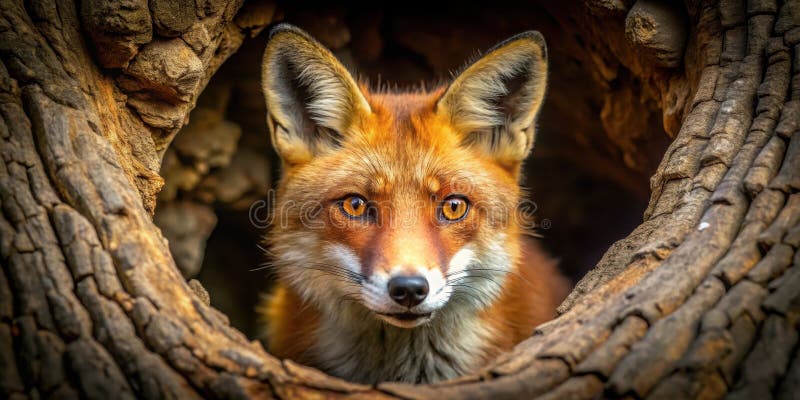 A Red Fox Peering from a Hollow Log in the Forest. Generative AI Stock ...
