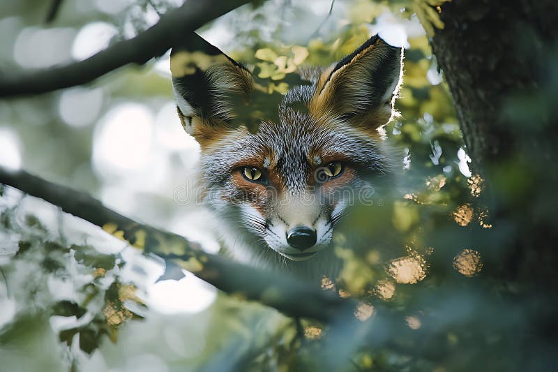 A Red Fox Peering through the Leaves of a Tree Stock Illustration ...
