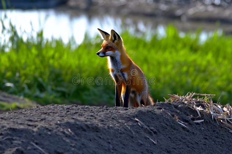 Red Fox Perched on Earthen Mound Stock Illustration - Illustration of ...