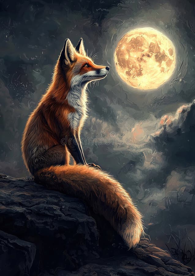 A Red Fox with Piercing Eyes Sitting in Front of a Glowing Red Moon ...