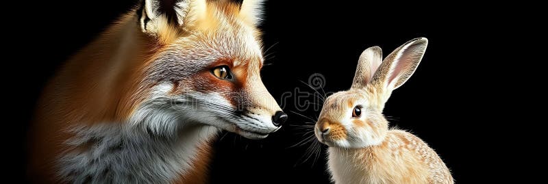 Red Fox and Rabbit on a Black Background Classic Wildlife Encounter ...