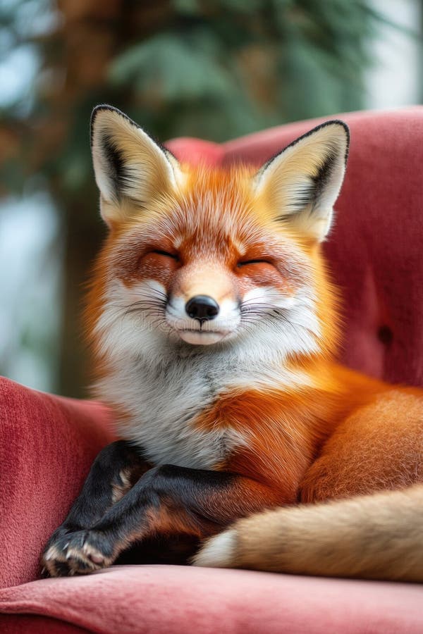 A Red Fox Resting on a Red Chair, a Unique and Cozy Scene Stock Image ...