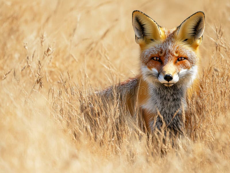 Red Fox Resting in Dry Grass Field during Daytime, Displaying Alert and ...