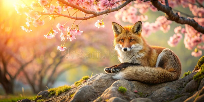 Red Fox Resting on a Rock and Tree Roots Surrounded by Cherry Blossoms ...