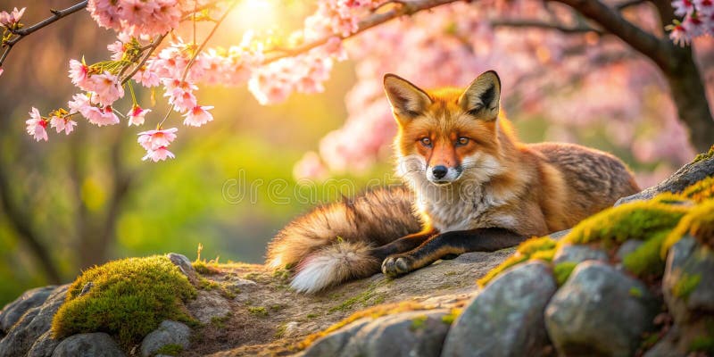 Red Fox Resting on a Rock and Tree Roots Surrounded by Cherry Blossoms ...