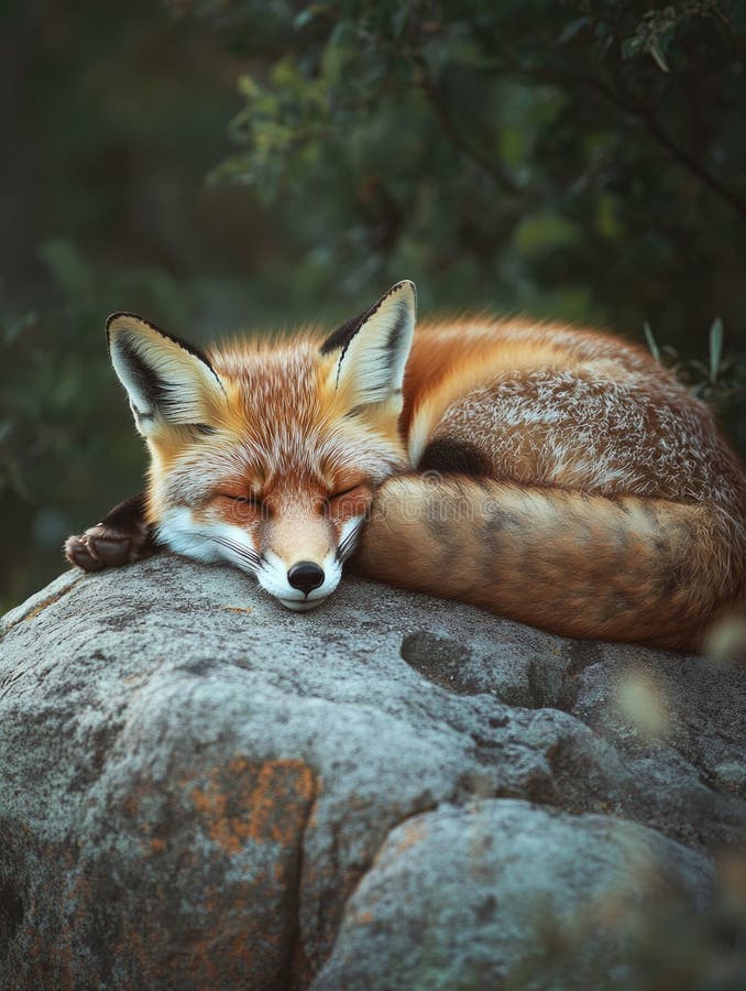 Red fox sleeping on rock stock image. Image of scenery - 373204159